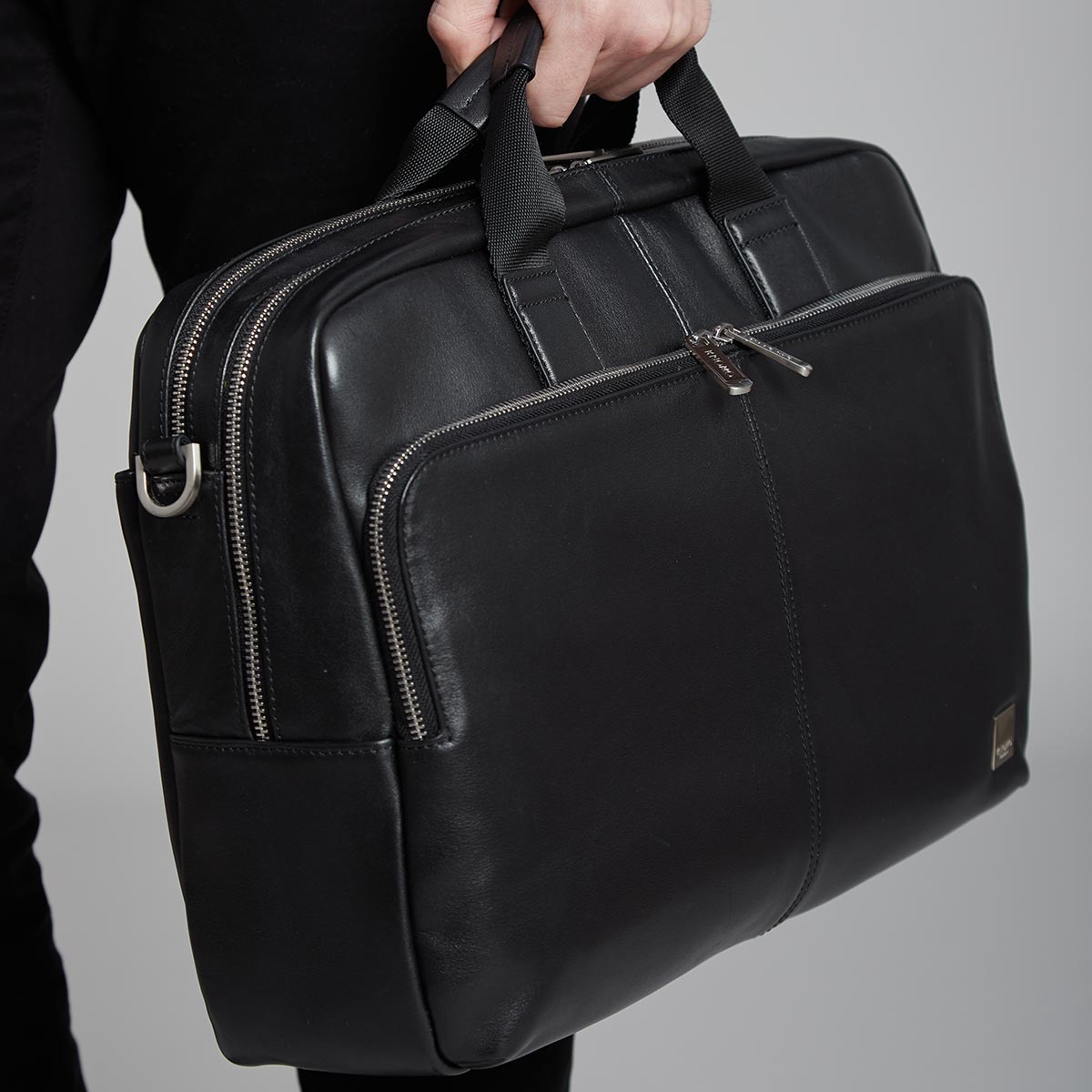 Knomo Amesbury Black Leather Briefcase | Double Compartment Laptop Bag ...